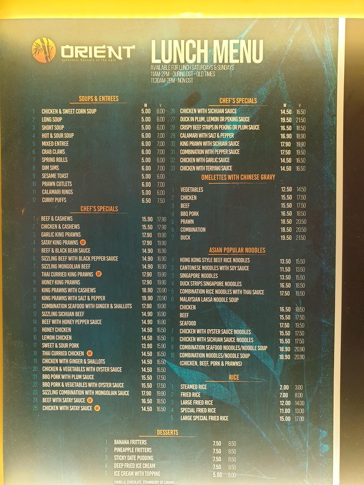 Menu at Orient restaurant, Tweed Heads, 2-30 Wharf St