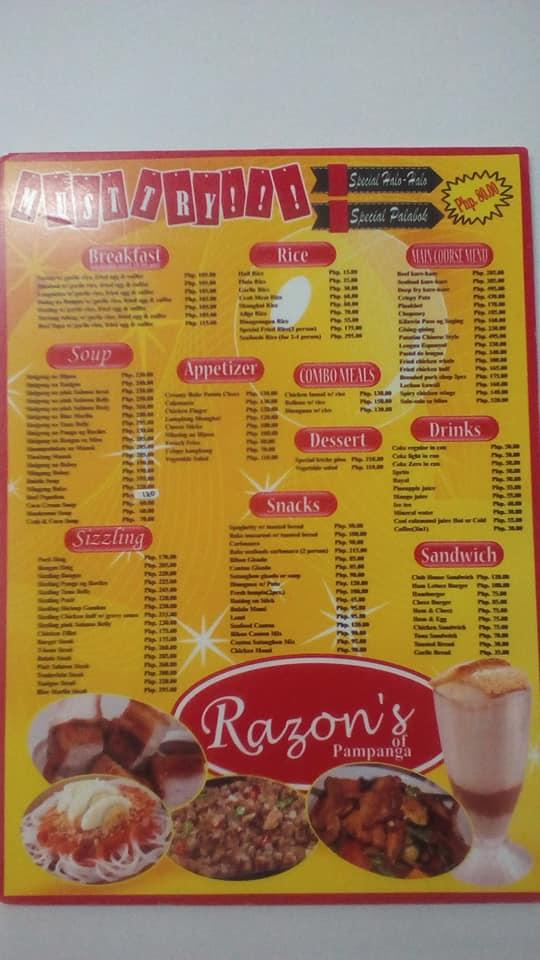Menu at Razons of Pampanga restaurant, Cabanatuan City