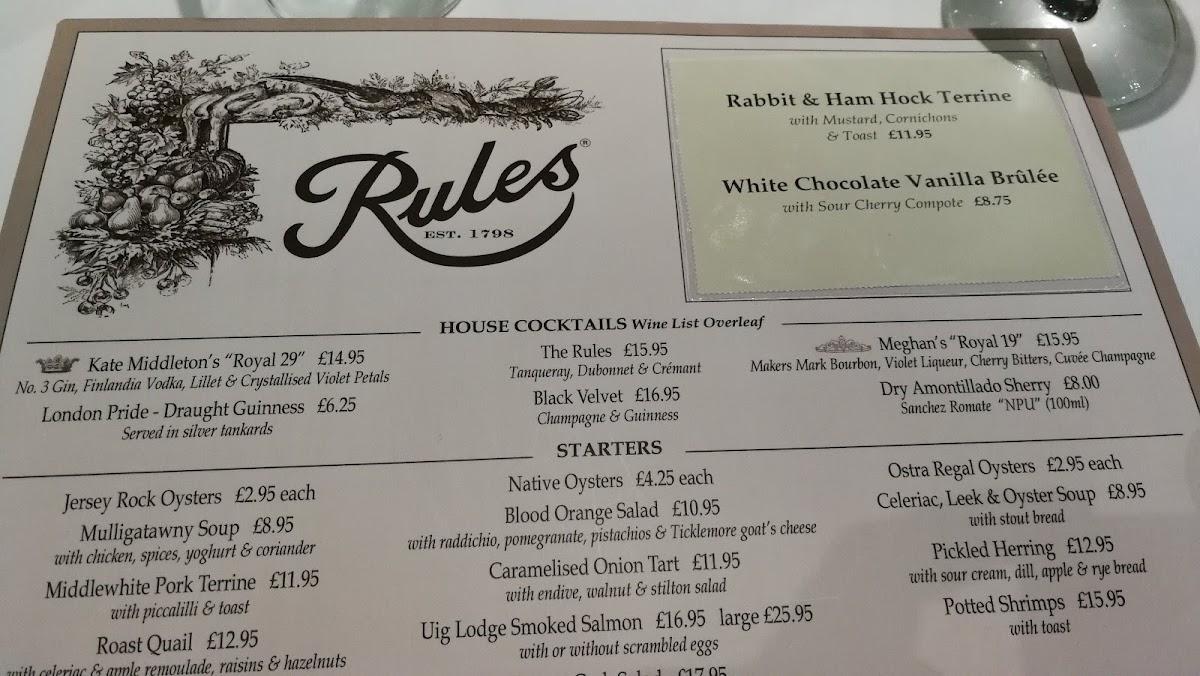 Menu at Rules pub & bar, London