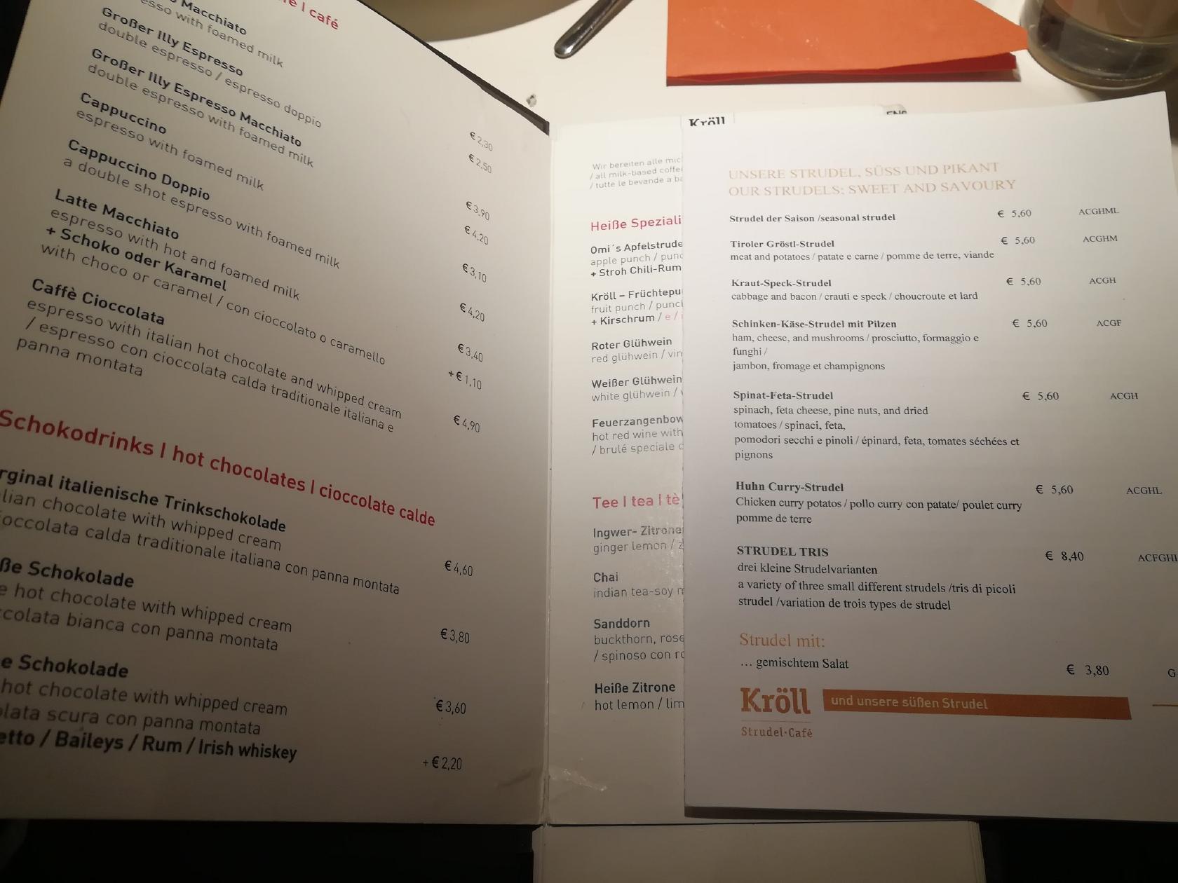 Menu at Strudel Cafe Kroll, Innsbruck