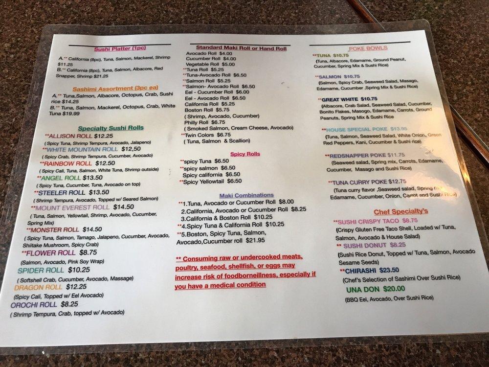 Menu at Mount Everest Sushi restaurant, Pittsburgh