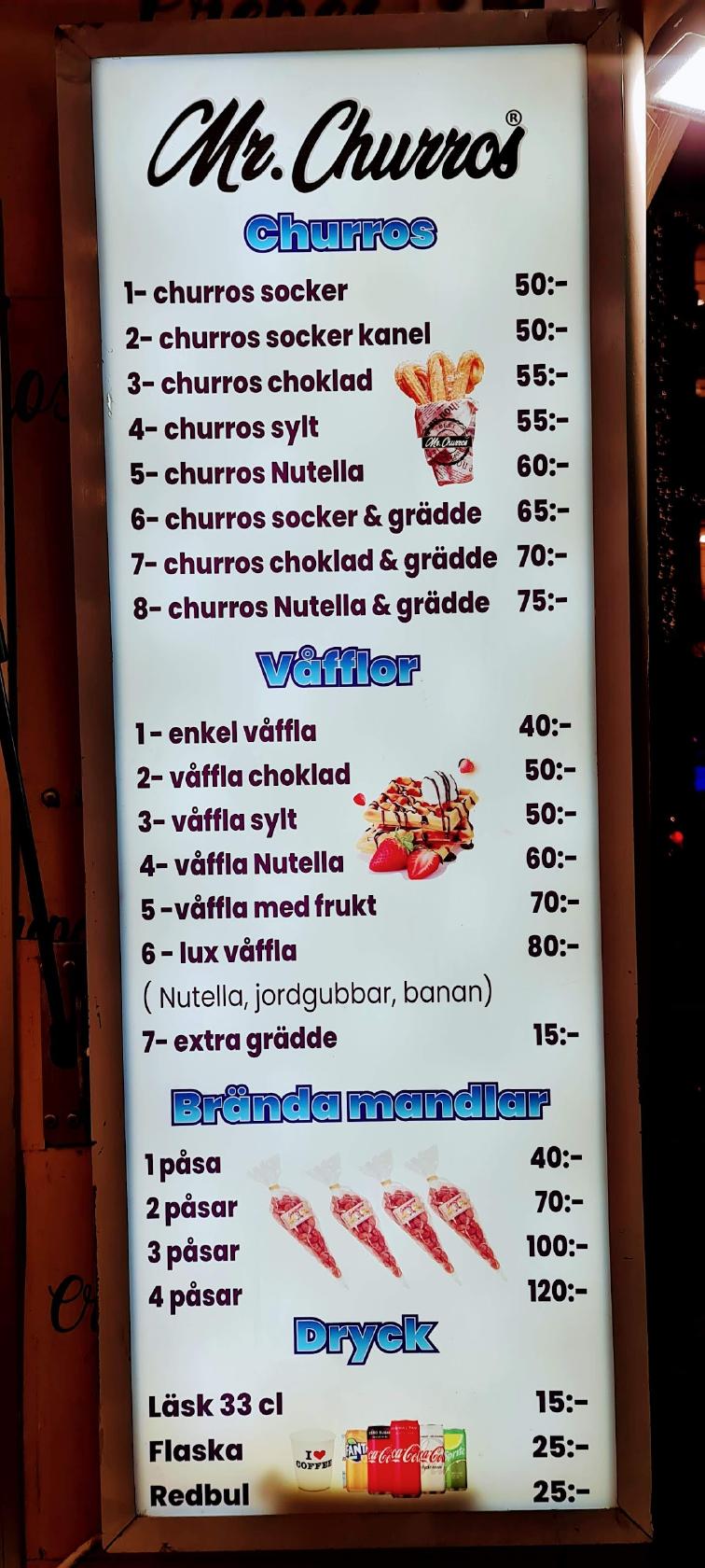 Menu at Mr churros restaurant, Stockholm