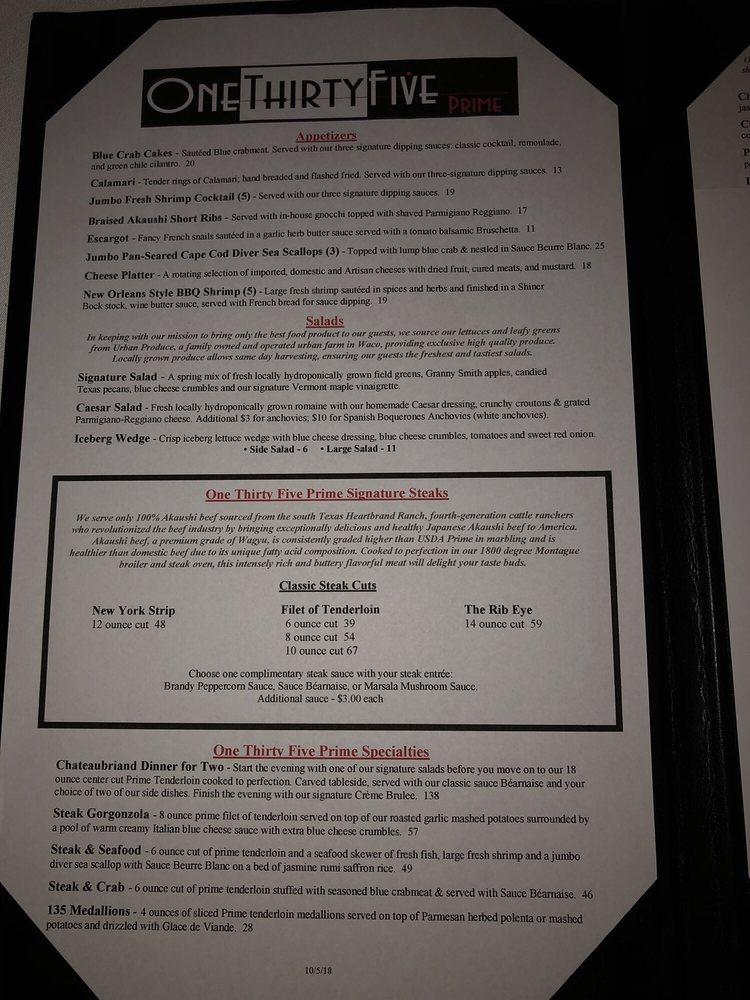 Menu at One Thirty Five Prime steakhouse, Waco