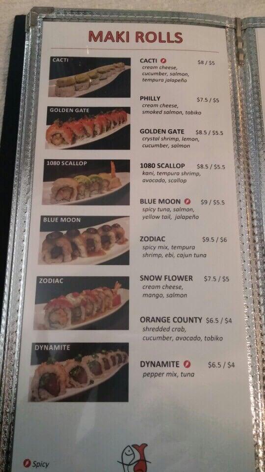 Menu at Pisces restaurant, Reno
