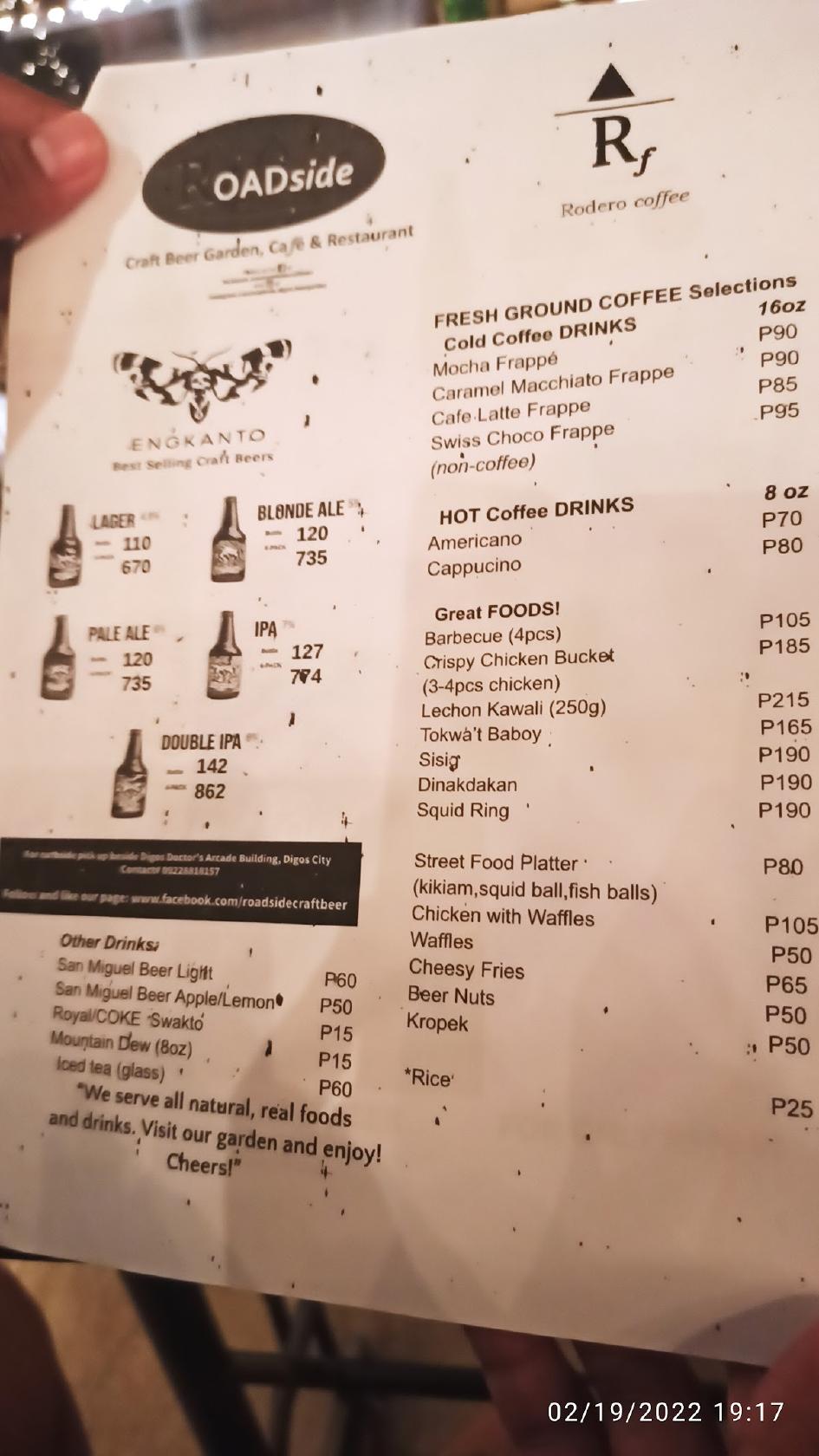 Menu at Roadside Digos Craft Beer Garden &Cafe, Digos City