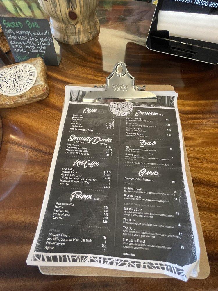 Menu at Sacred Art Tattoo and Coffee Bar, Honolulu