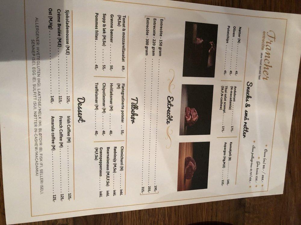 Menu at Trancher Entrecôte steakhouse, Oslo, Thorvald Meyers gate 78