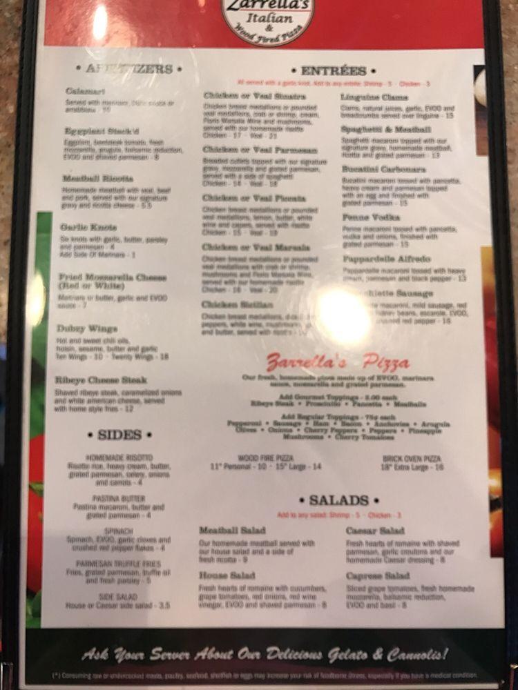 Menu at Zarrella's Italian & Wood Fired Pizza pizzeria, Cape Canaveral