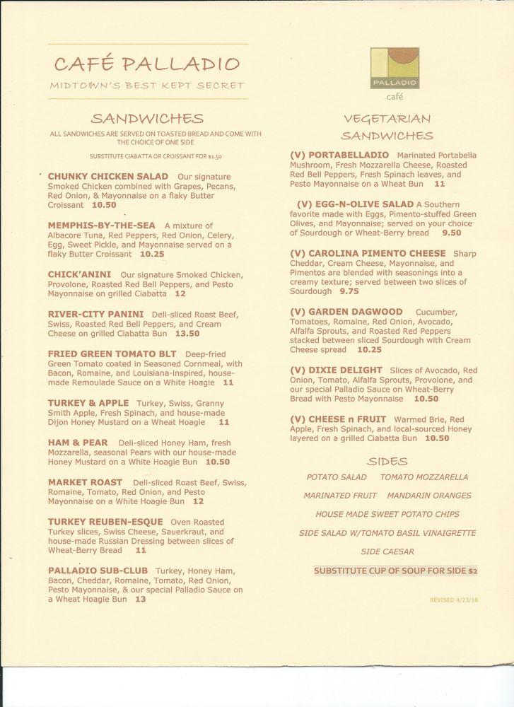 Menu at Café Palladio cafe, Memphis, Central Ave