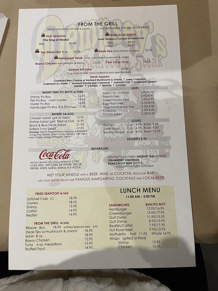 Menu at Dempsey's Seafood & Steak steakhouse, Kiln