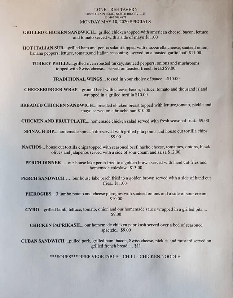 Menu at Lone Tree Tavern pub & bar, North Ridgeville