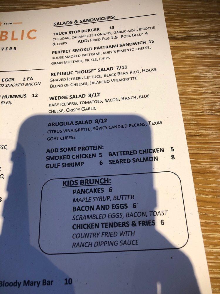 Menu at Republic Texas Tavern, Dallas, Inwood Rd Ste 170