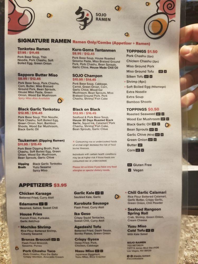 Menu at SOJO Ramen restaurant, Las Vegas
