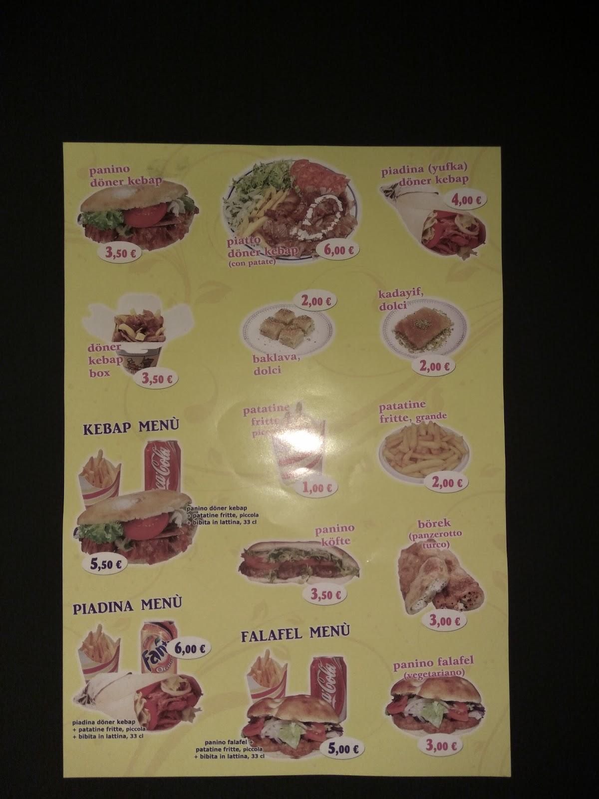 Menu at Turkish Kebab fast food, Brescia