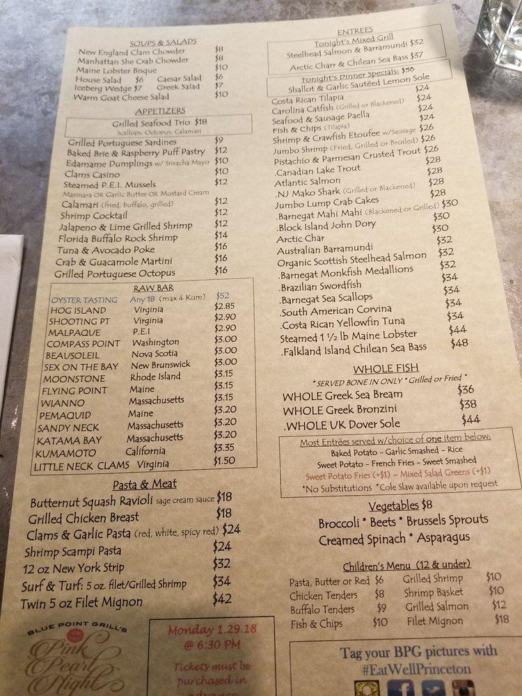 Menu at Blue Point Grill restaurant, Princeton