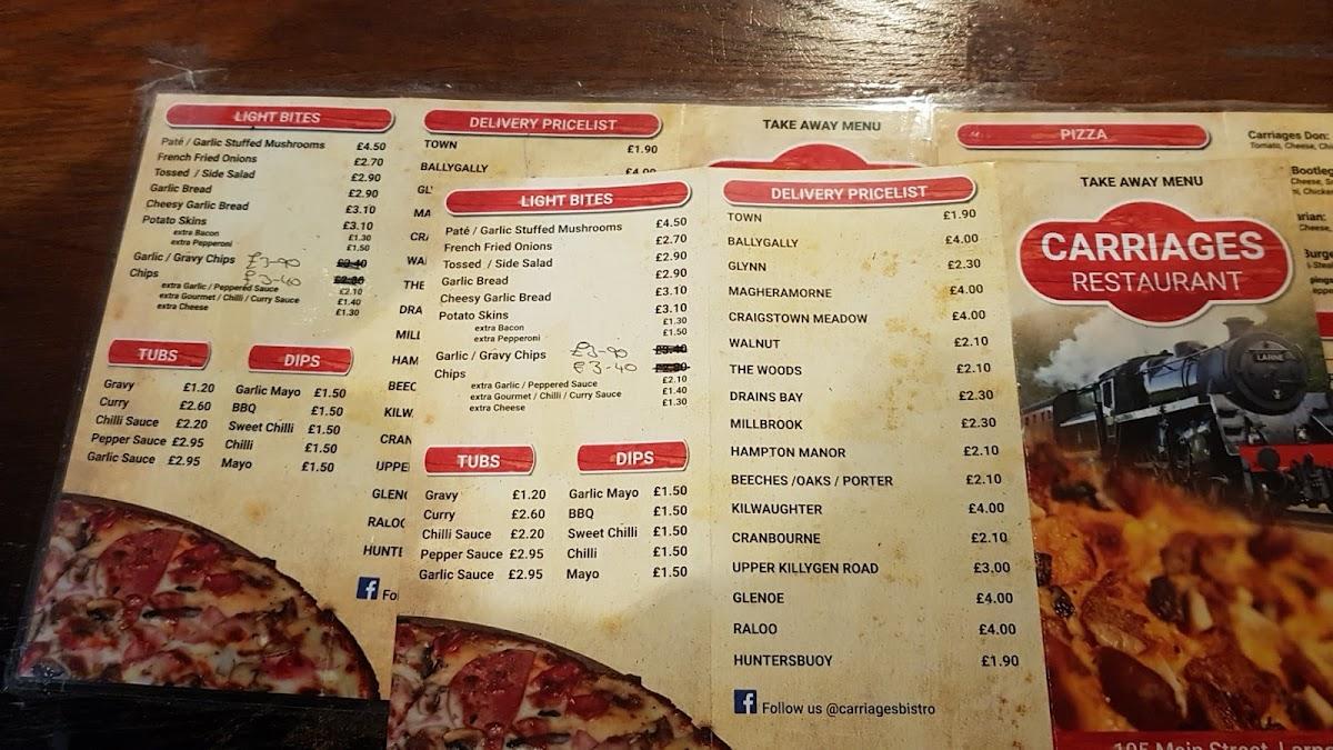 Menu at Carriages Bistro restaurant, Larne, 105 Main St