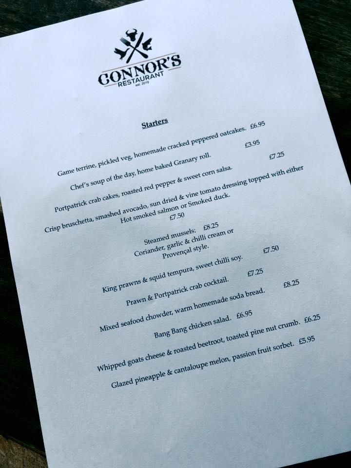 Menu at Connor's restaurant, Portpatrick