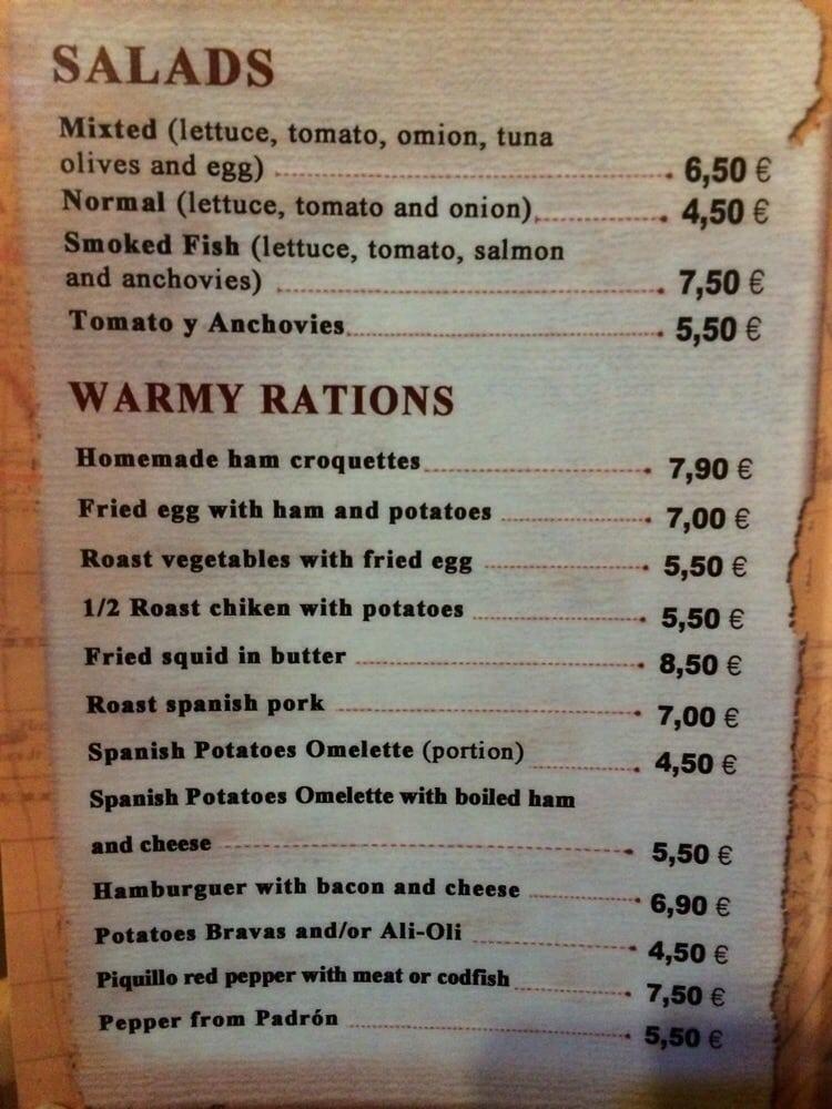 Menu at Malaspina pub & bar, Madrid