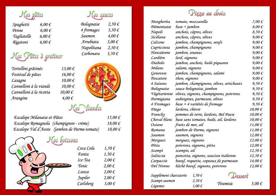 Menu at Pizzeria del Nonno, Quaregnon