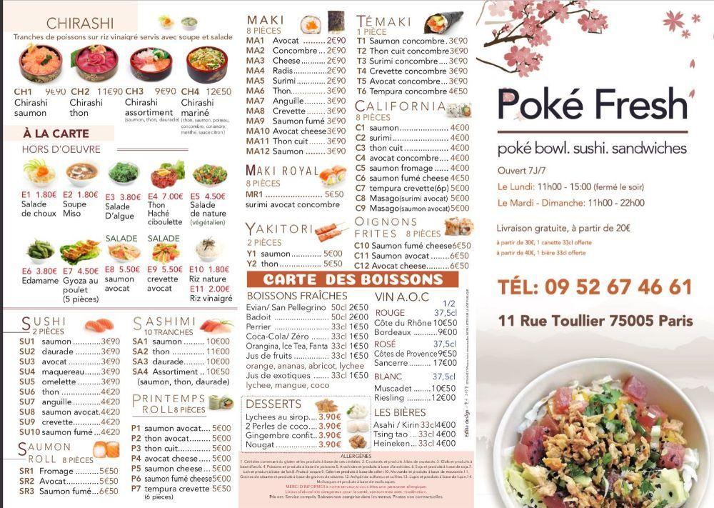 Menu at Poke fresh restaurant, Paris