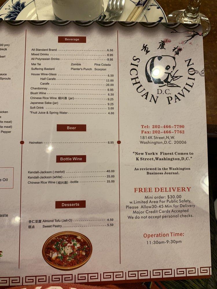 Menu at Sichuan Pavilion restaurant, Washington