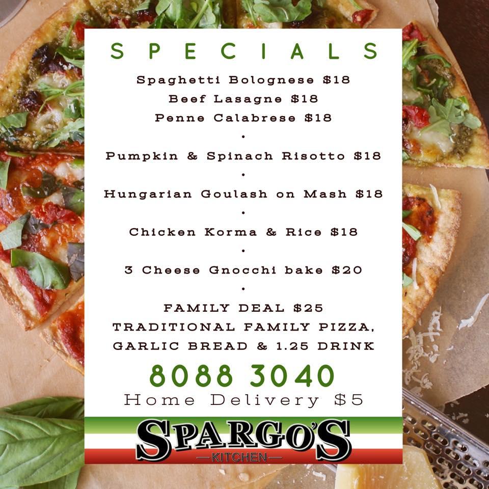 Menu at Spargos Kitchen restaurant, Broken Hill