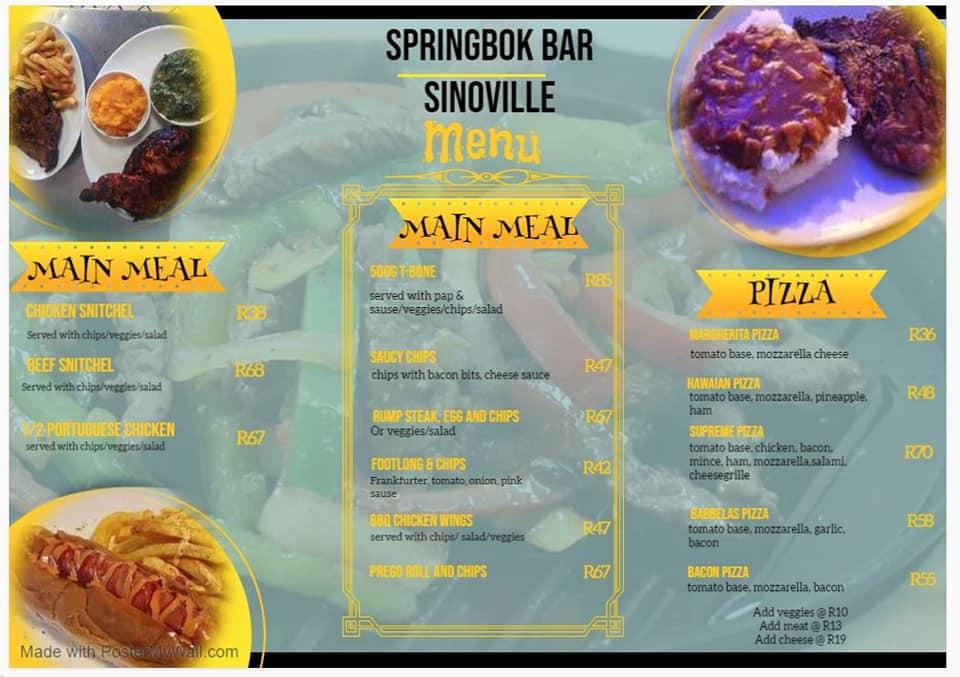 Menu at Springbok Bar Sinoville, Pretoria, Shop 6