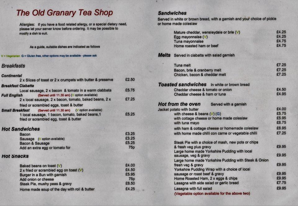 Menu at The Old Granary cafe, Pateley Bridge