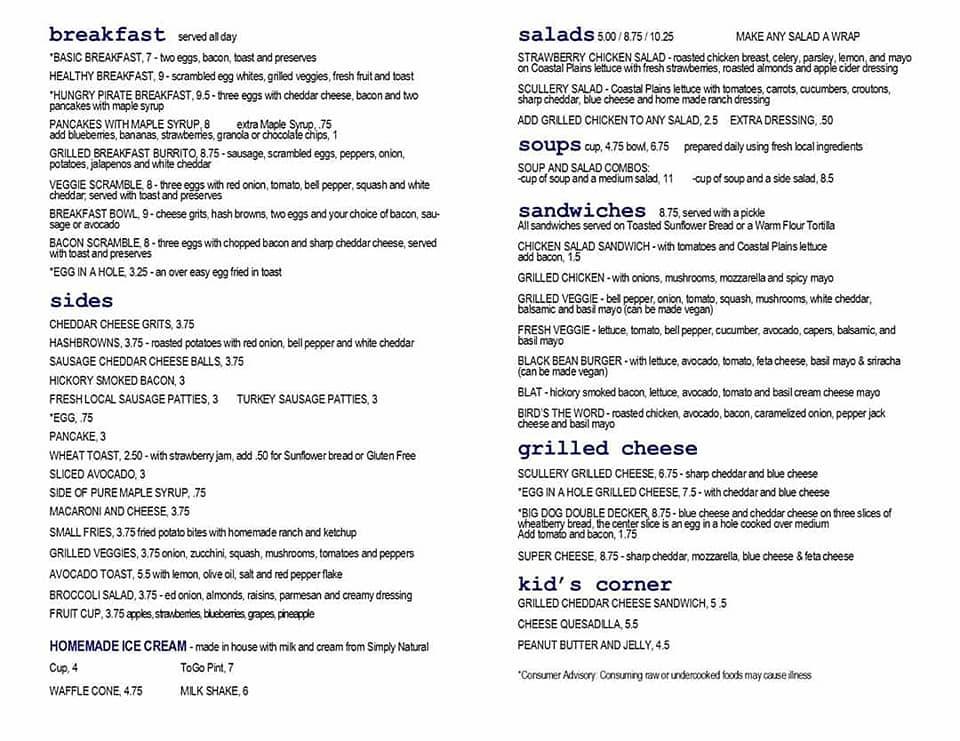 Menu at The Scullery Coffee House and Creamery, Greenville
