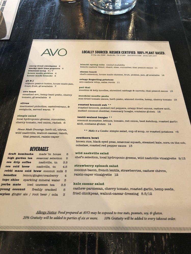 Menu at AVO pub & bar, Nashville, 4 City Ave #104