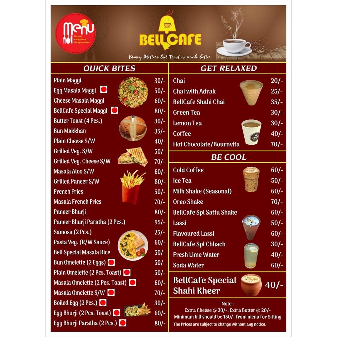 Menu at Bell Cafe, Lucknow
