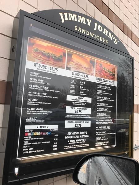 Menu at Jimmy John's fast food, Jackson
