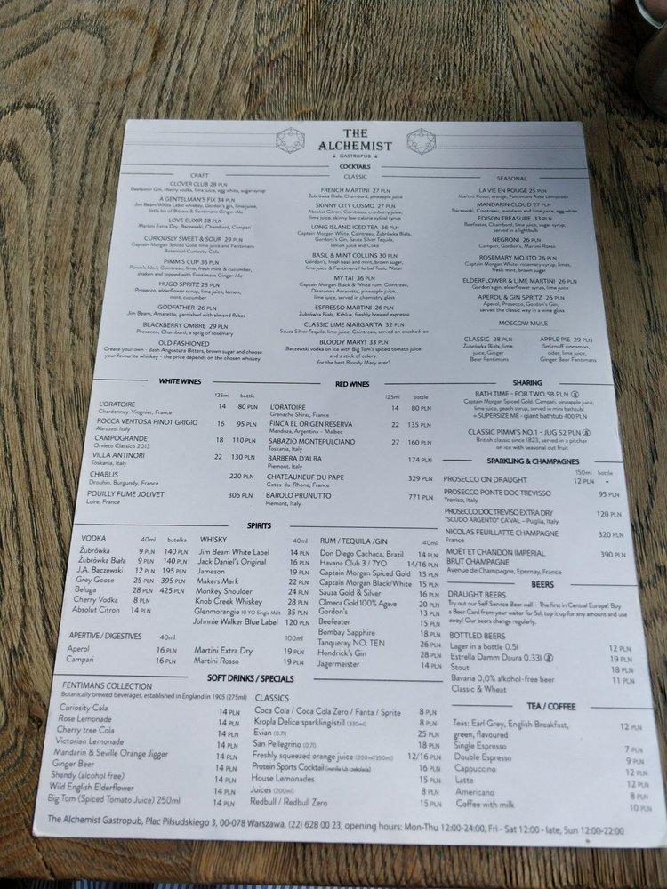 Menu at The Alchemist - Metropolitan restaurant, Warsaw