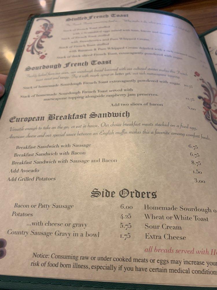 Menu at The Old European Restaurant, Pullman