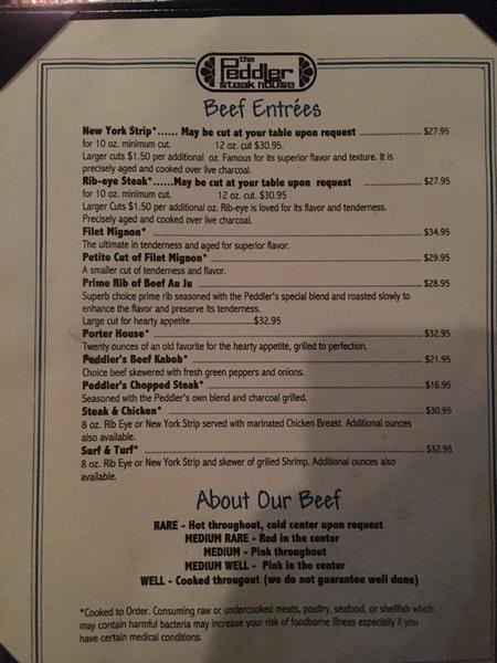 Menu at The Peddler Steak House pub & bar, Raleigh