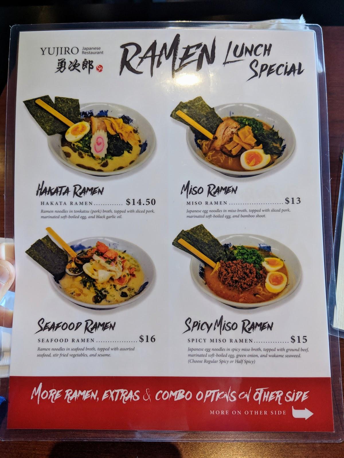 Menu at Yujiro Japanese Restaurant, Winnipeg