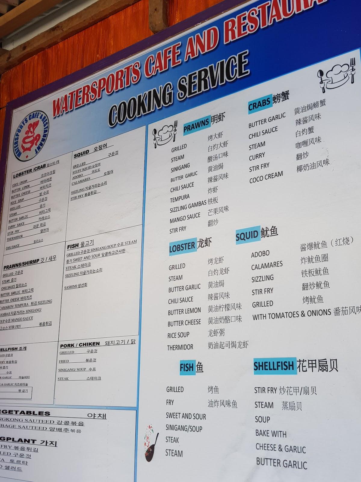Menu at watersports cafe and restaurant, Malay