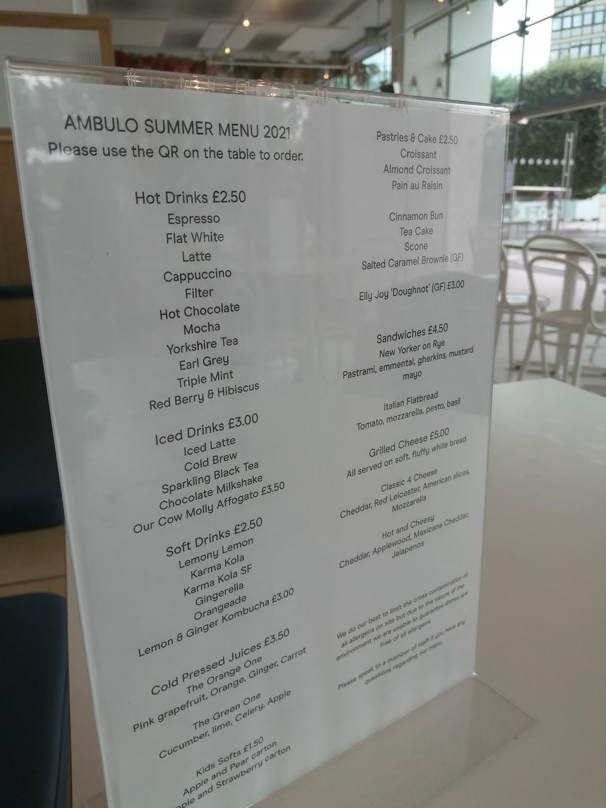 Menu at Ambulo cafe, Sheffield, 48 Arundel Gate