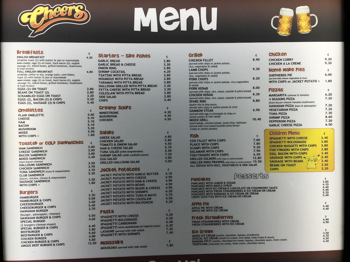 Menu at Cheers, Protaras, +72V