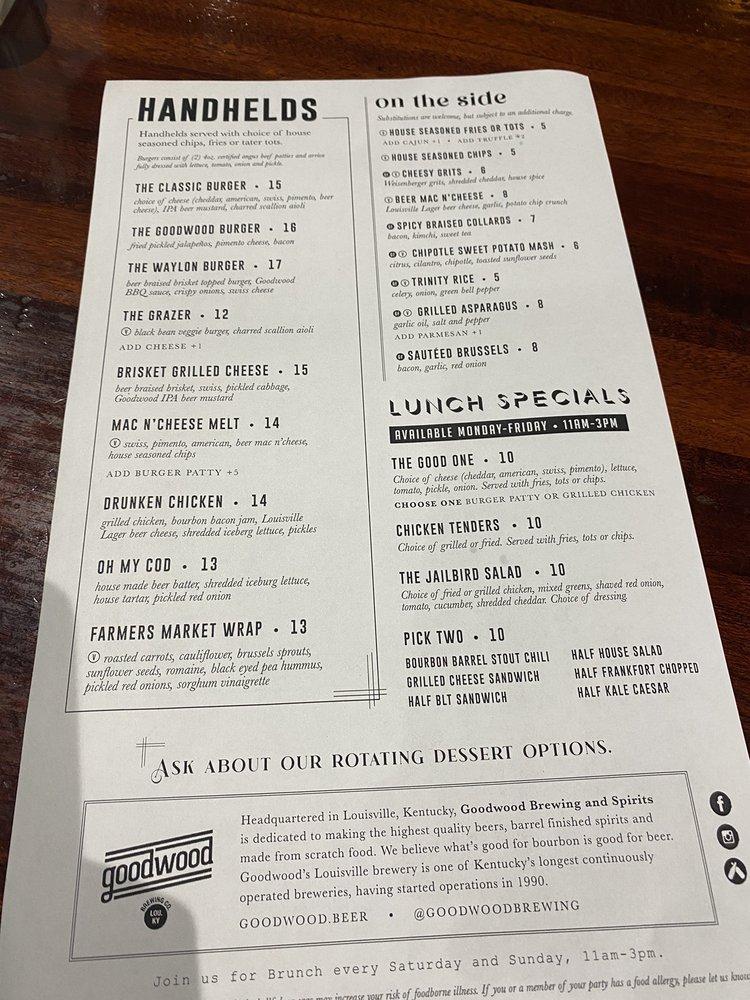 Menu at Goodwood Indy restaurant, Indianapolis