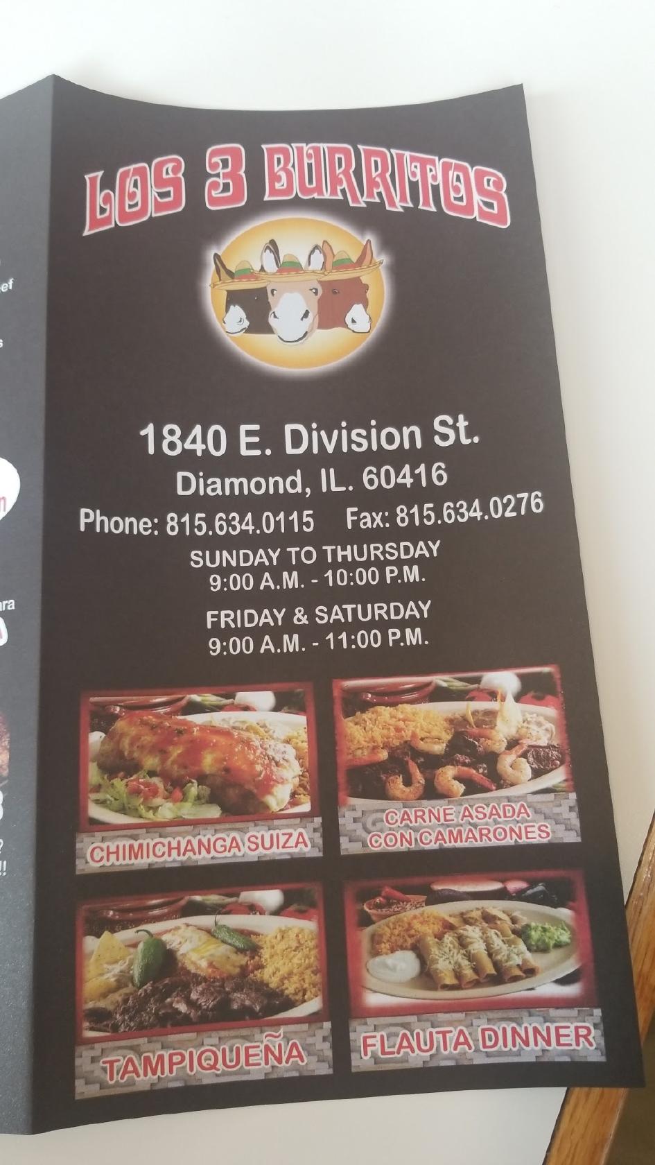 Menu at Los 3 Burritos restaurant, Diamond, E Division St