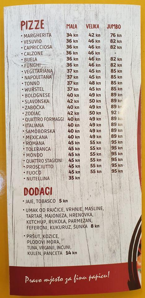 Menu at Mondo restaurant, Zabok