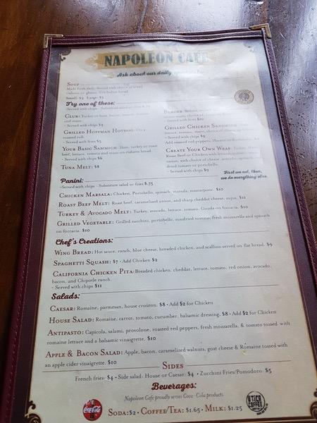 Menu at Napoleon Cafe, Oneida