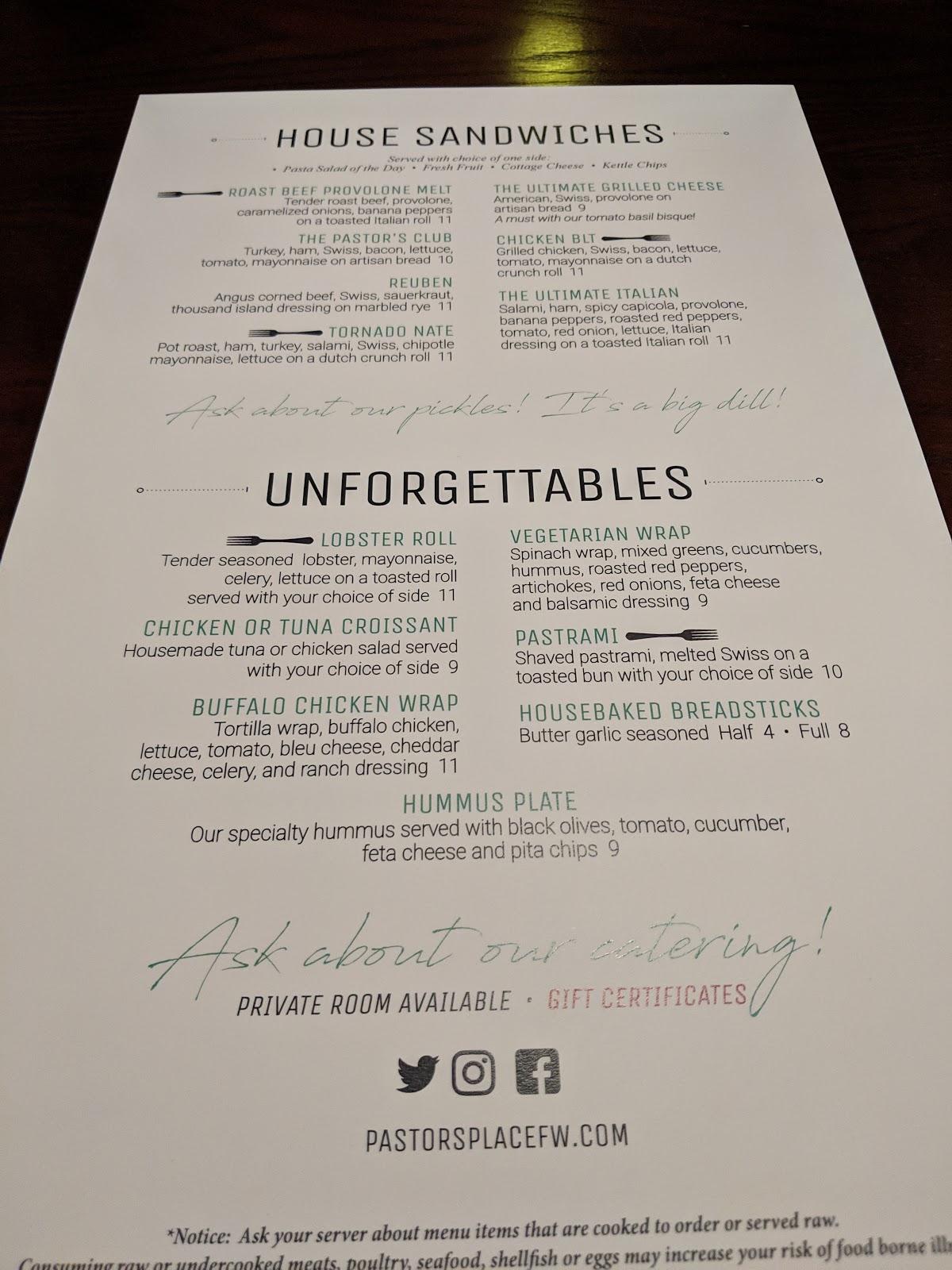 Menu at Pastor's Place restaurant, Fort Wayne