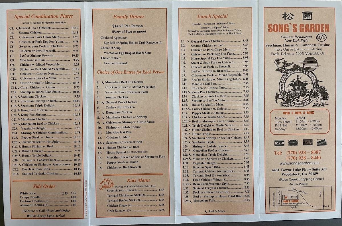 Menu at Song's Garden restaurant, Woodstock
