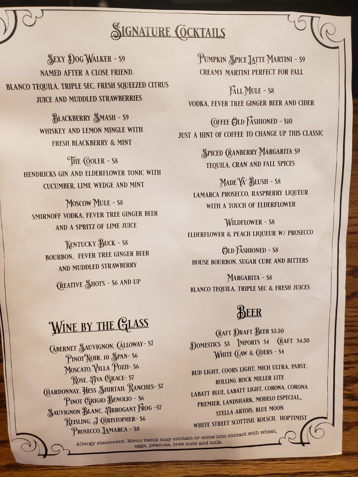 Menu at Tonic Bar and Social Club of Louisburg, Louisburg