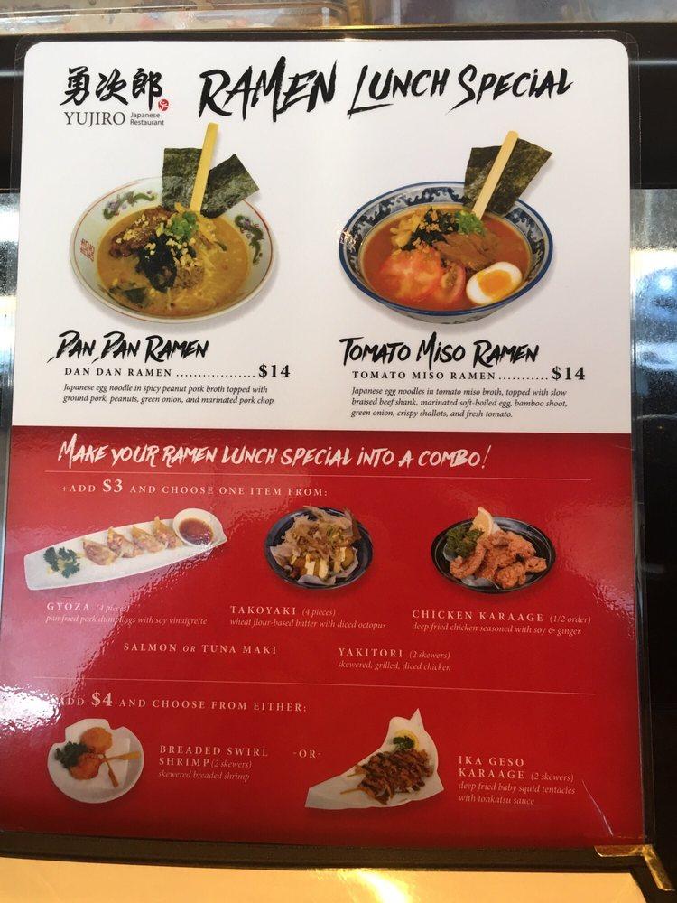 Menu at Yujiro Japanese Restaurant, Winnipeg
