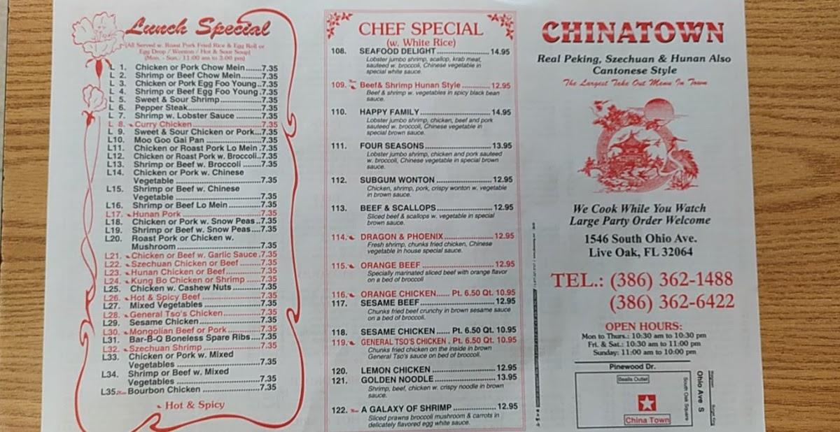 Menu at Chinatown restaurant, Live Oak