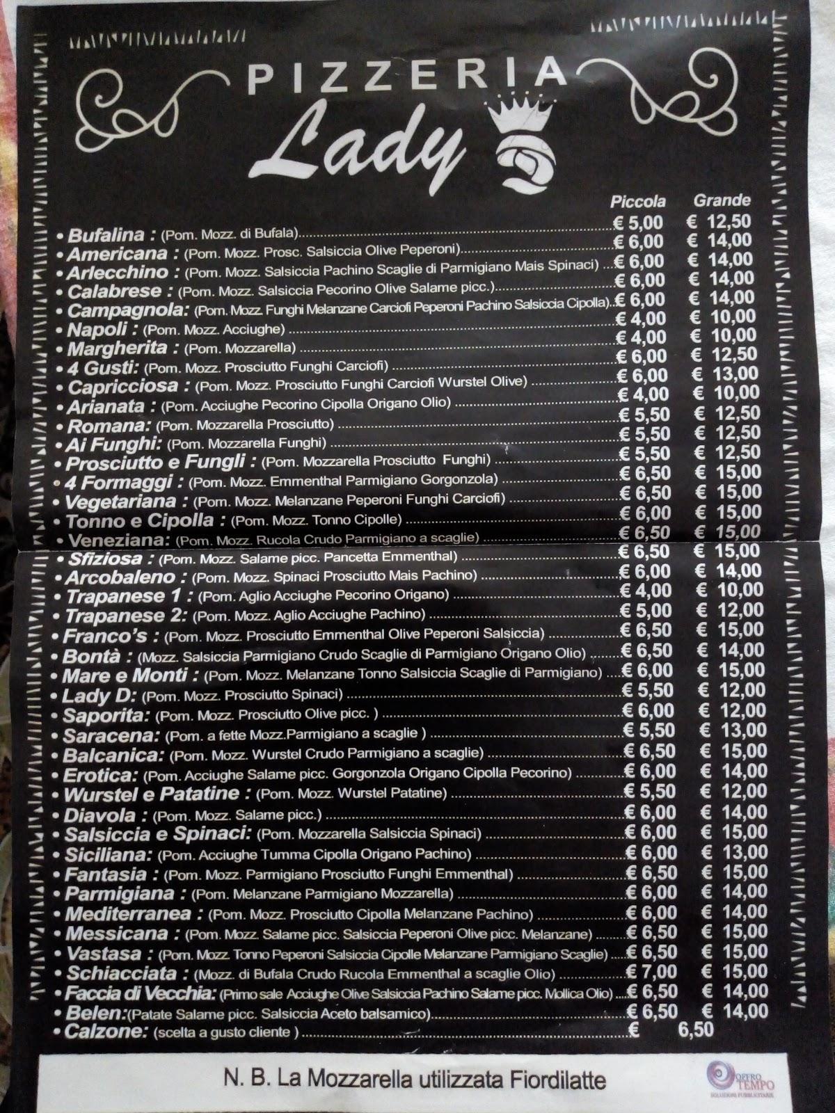Menu at Pizzeria Lady D, Alcamo