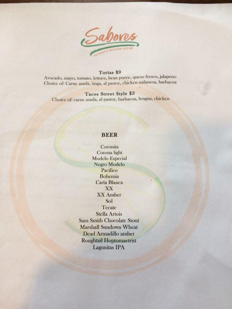 Menu at Sabores restaurant, Tulsa